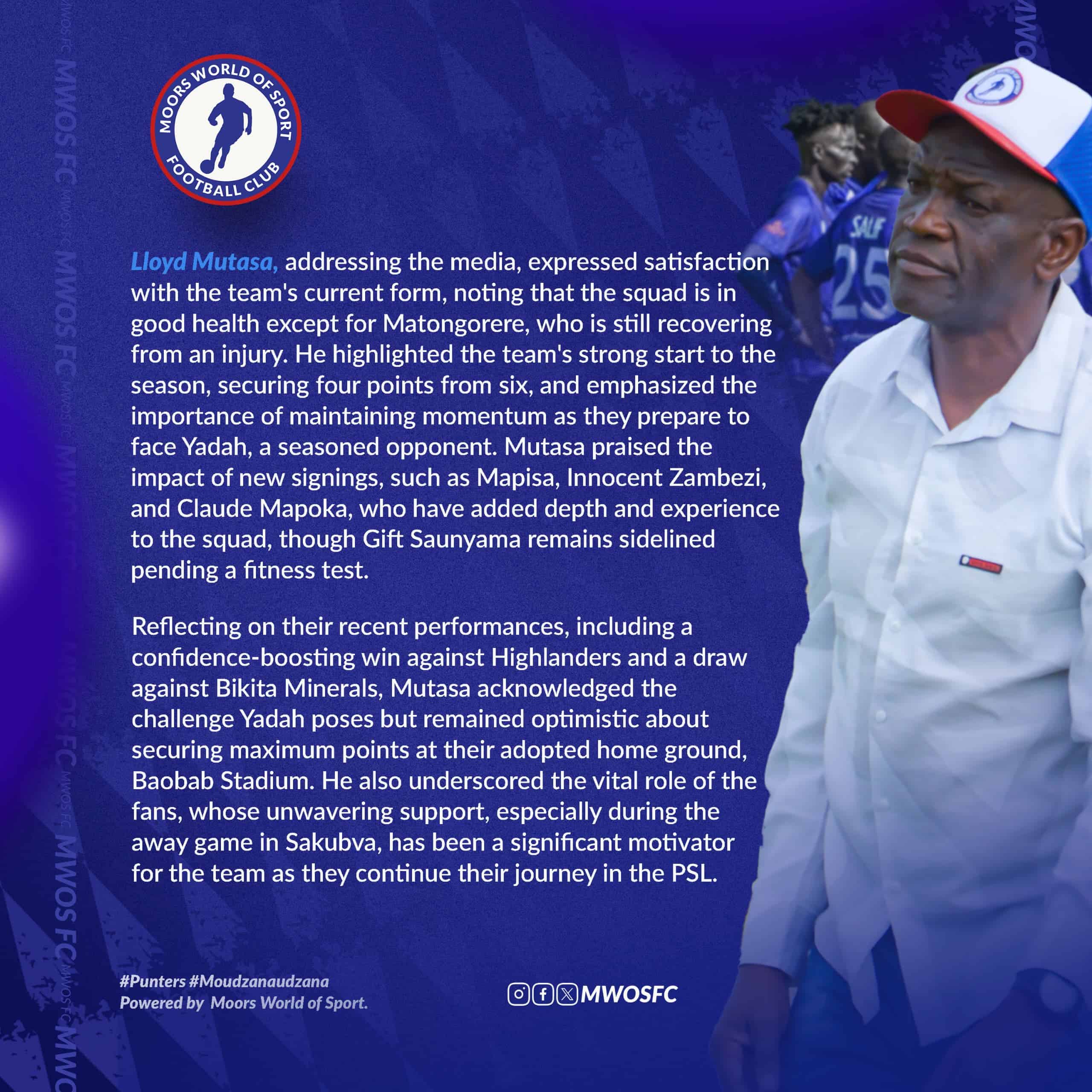 MWOS FC Gears Up for Yadah Clash as Lloyd Mutasa Praises Squad Depth ...